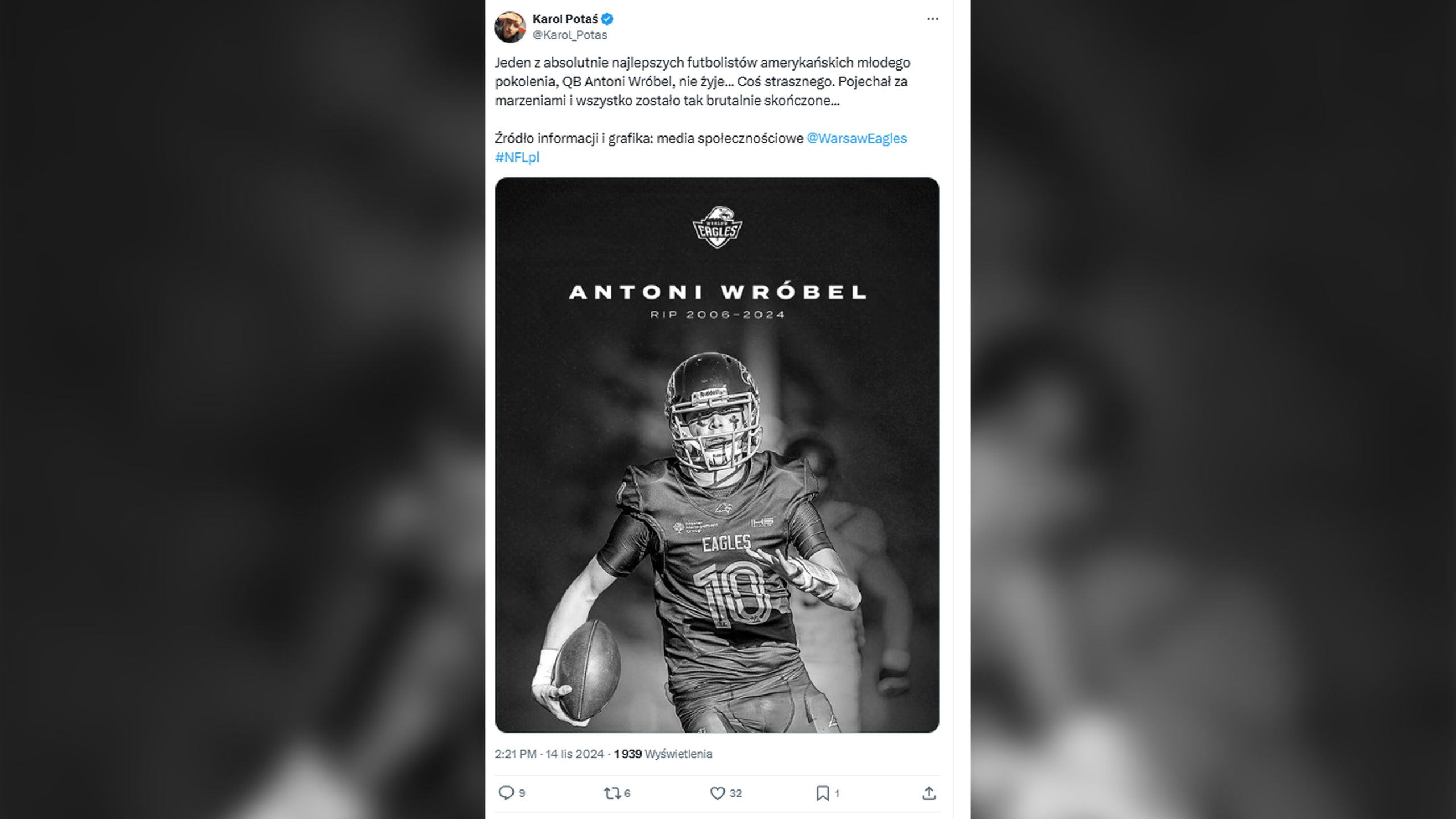 Nie żyje Antoni Wróbel. 18-letni futbolista amerykański zginął w ...